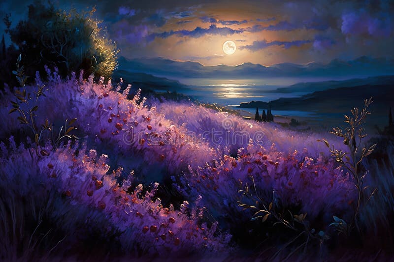 Field of Purple Flowers at Night Stock Illustration - Illustration of ...