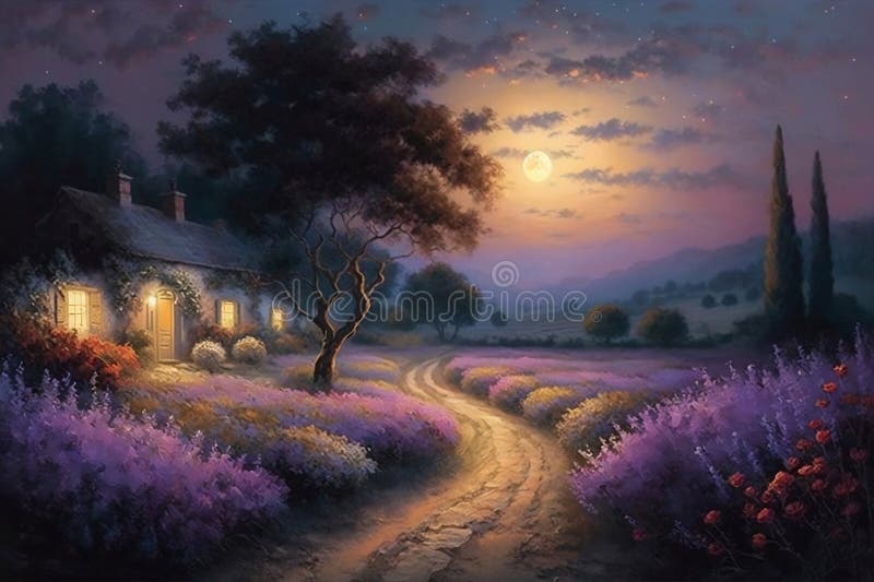 Field of Purple Flowers at Night Stock Illustration - Illustration of ...