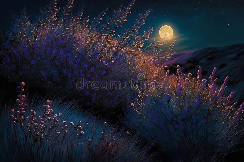 Field of Purple Flowers at Night Stock Illustration - Illustration of ...
