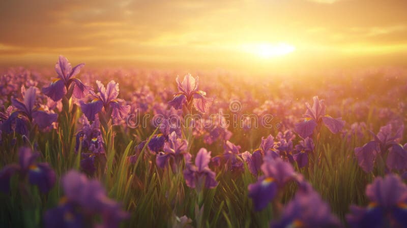 A Field of Purple Irises Basking in Golden Sunset Light Stock ...