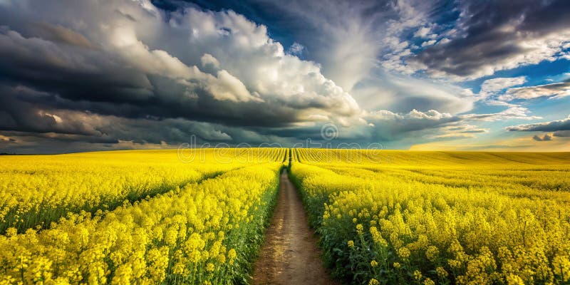Field of Rapeseed with Green Path between and Dramatic Sky AI-Generated ...
