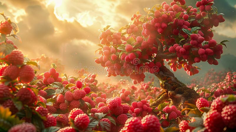 A Field of Raspberries with a Sun in the Background Stock Image - Image ...