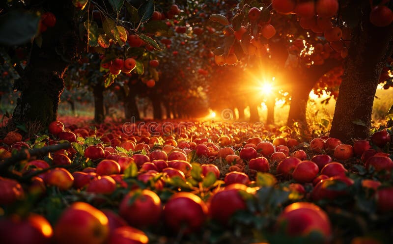 A Field of Red Apples with the Sun Shining on Them Stock Photo - Image ...