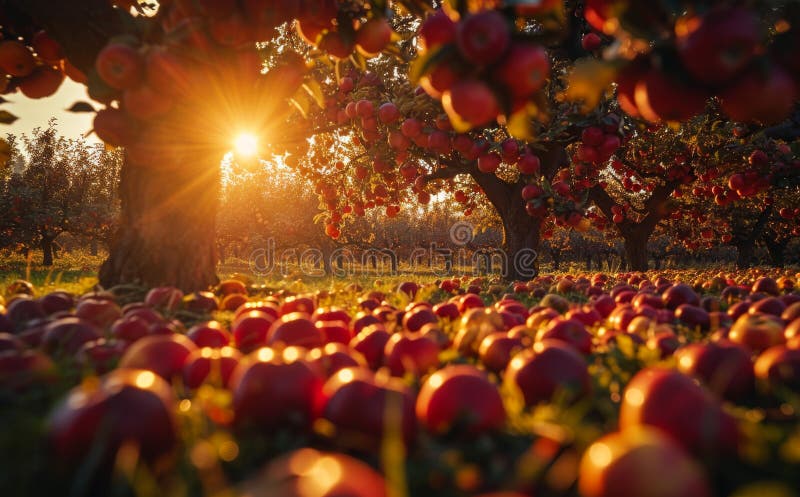 A Field of Red Apples with the Sun Shining on Them Stock Photo - Image ...