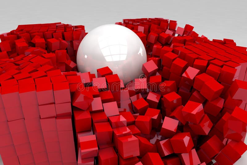 Field of Red Cubes Destroyed by Large White Ball Stock Illustration ...