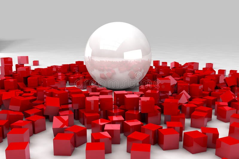 Field of Red Cubes Destroyed by Large White Ball Stock Illustration ...