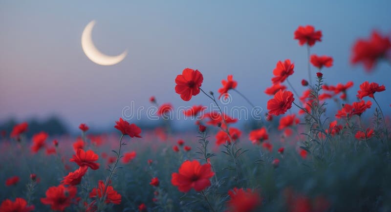 Field Red Flowers Crescent Moon Background Stock Photos - Free ...