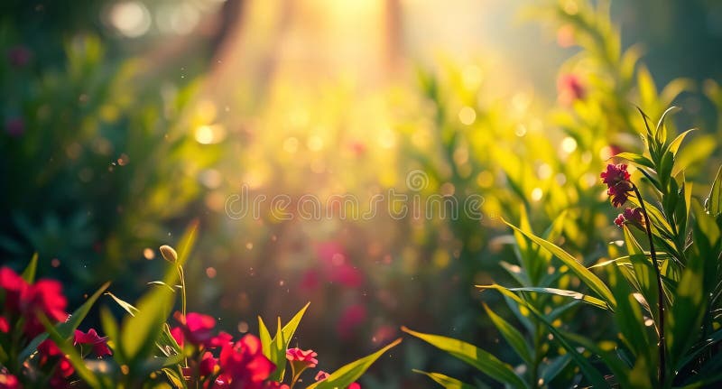 A Field of Red Flowers and Green Grass Illuminated by Bright Sun Rays ...