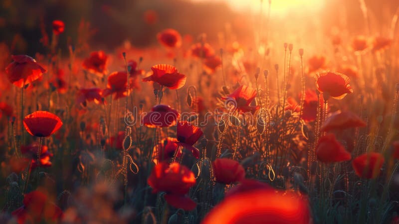 Field of Red Flowers at Sunset Stock Image - Image of natural, growth ...