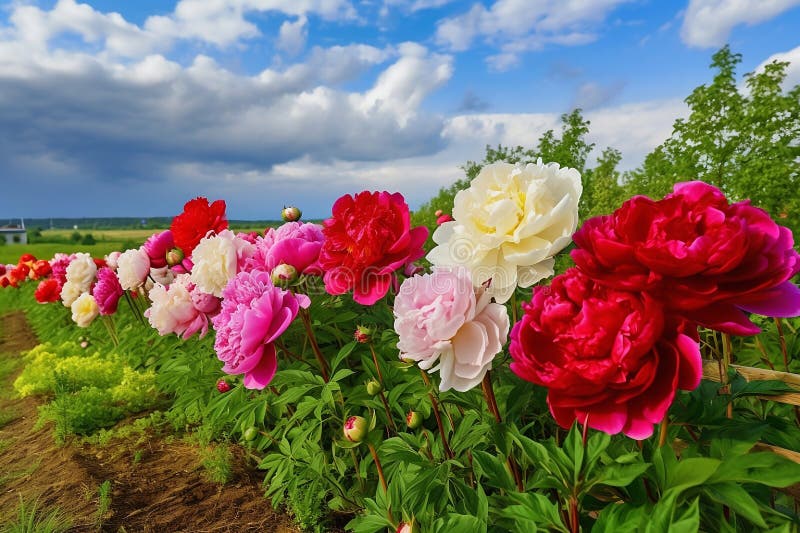 Field of Red and Pink Peonies Close Up Stock Illustration ...