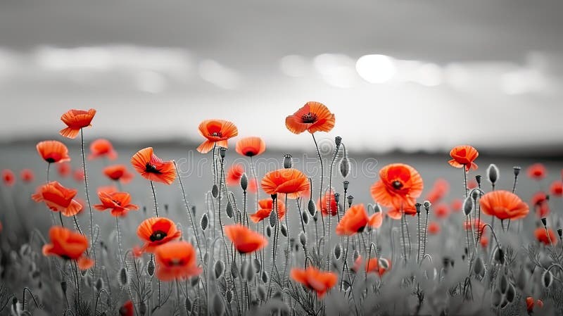 A Field of Red Poppies Blooming Under a Grey Sky with a Bright Sun ...