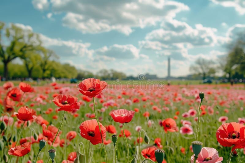 A Field of Red Poppies with a Large Building in the Background Stock ...