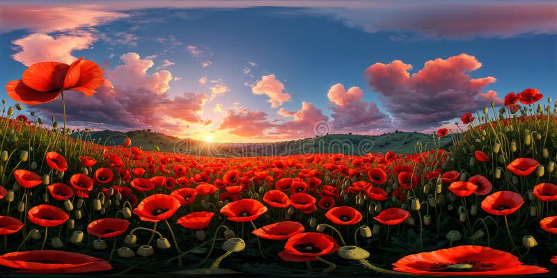 Field of Red Poppies in Mountain Valley at Sunset. 360 Degrees Seamless ...
