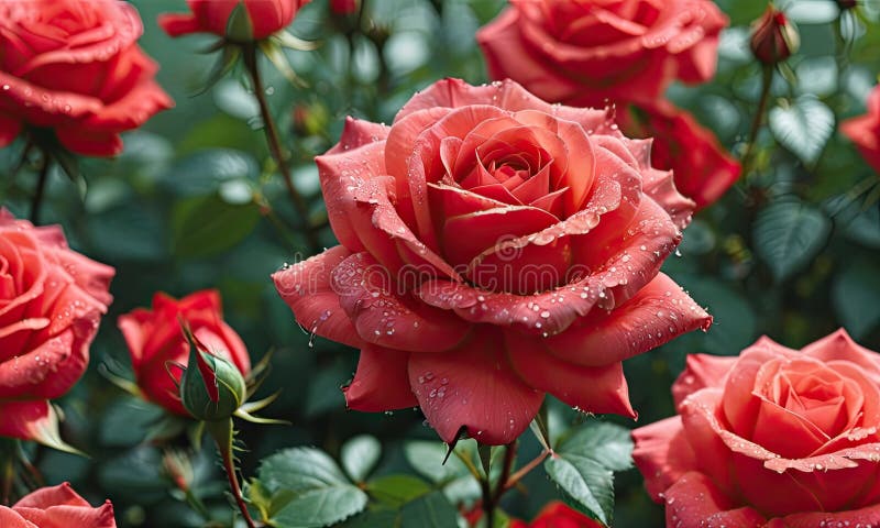 A Field of Red Roses with Dew on Them. Stock Illustration ...