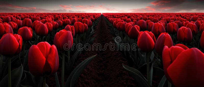 A Field of Red Tulips with a Long Path between Them. Stock Image ...
