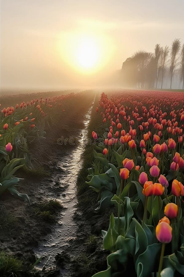 Field of Red Tulips in Morning Sunrise Light Stock Illustration ...