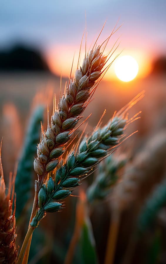 A Field of Ripe Wheat with the Sun Setting in the Background Stock ...