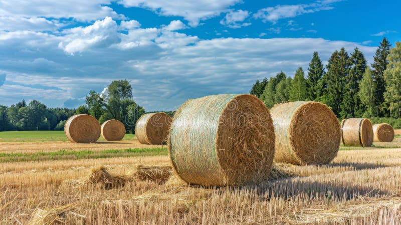 A Field of Round Hay Bales on a Sunny Day Trees in the Background Stock ...