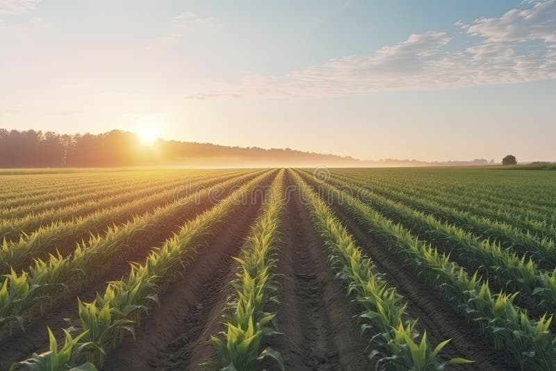 Field with Rows of Young Corn. Morning Rural Landscape Stock ...