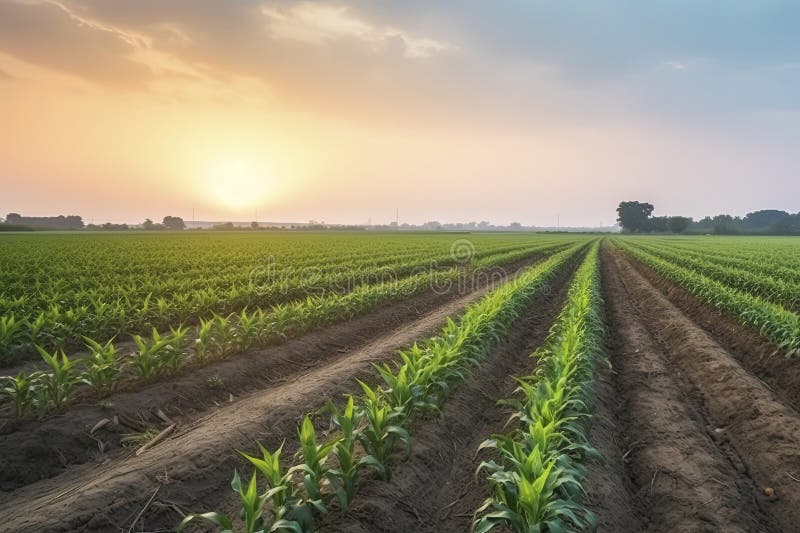 Field with Rows of Young Corn. Morning Rural Landscape Stock ...