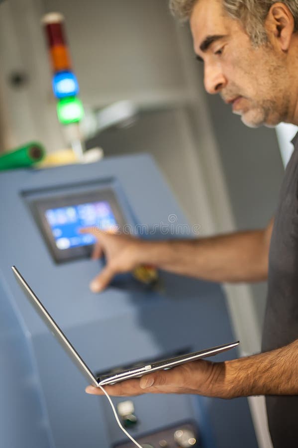 Engineer Technician Electrician Inspect System with Laptop Computer ...