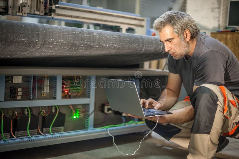 Engineer Technician Electrician Inspect System with Laptop Computer ...