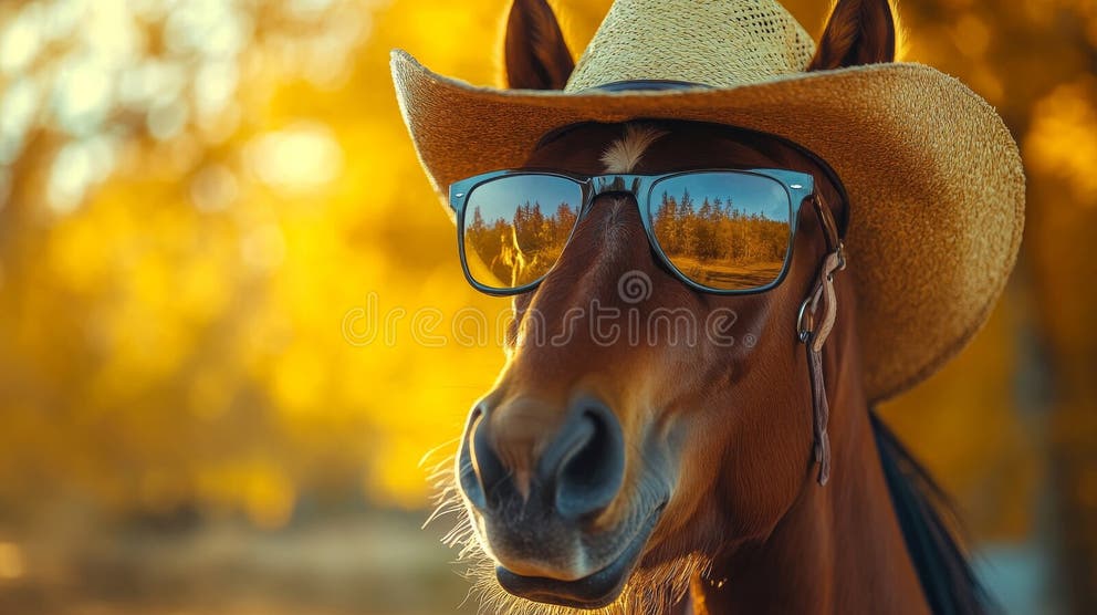 A Field is the Setting for a Horse that Has a Hat, Sunglasses, and a Second Hat on Its Head ...