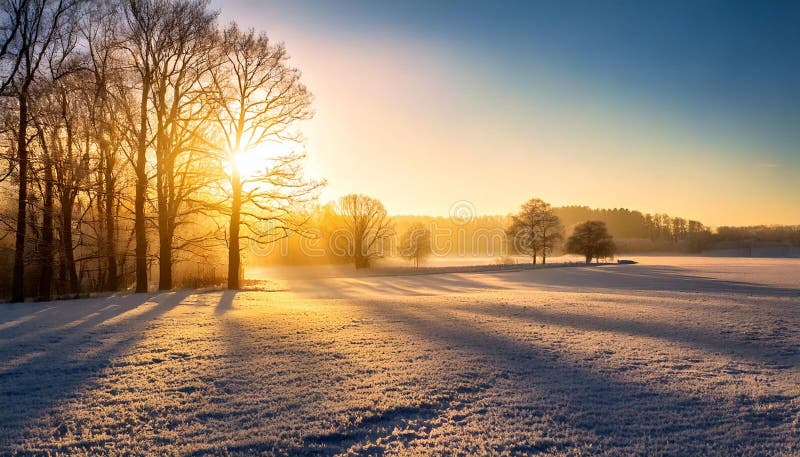 Snow Fields at Sunrise, Casting Golden Light Against White Snow, with ...