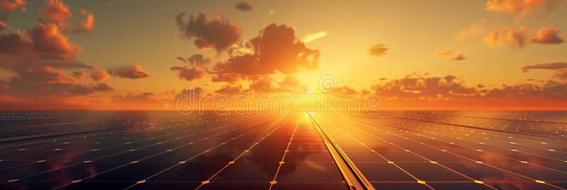 Field of Solar Panels in the Setting Sun, the Potential of Clean Energy ...