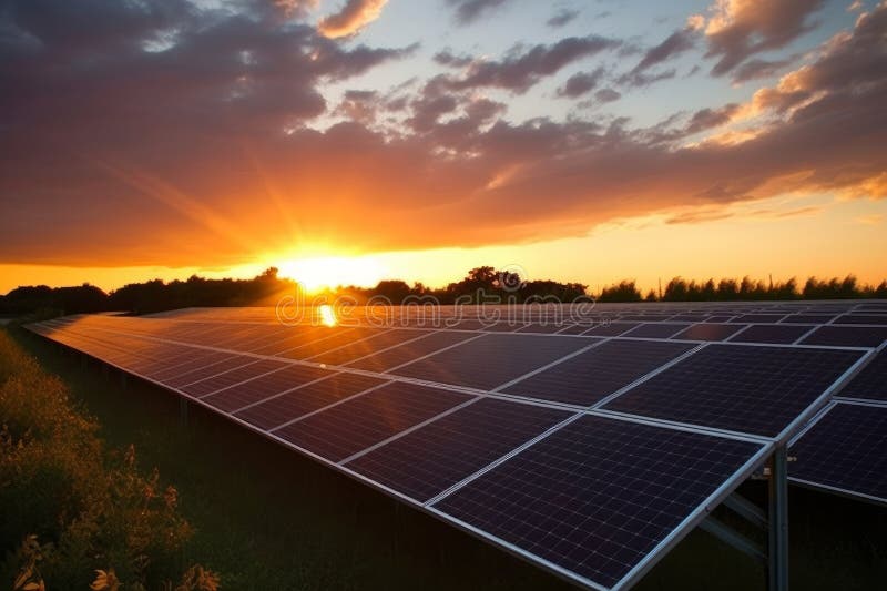A Field of Solar Panels with the Sun Setting in the Background Stock ...