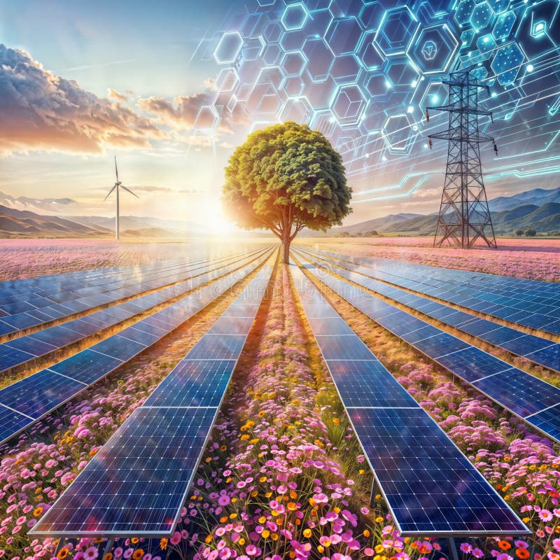 Solar Field Oasis: Tree, Wind Turbines & Sunset, Generative Ai Stock ...