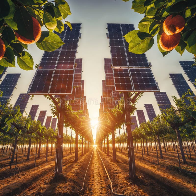 Solar Panels Grace a Field with Trees, Capturing a Sunset S Beauty ...