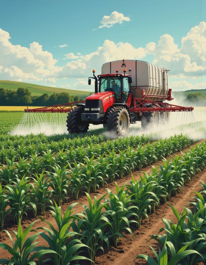 Field Sprayer Irrigating Young Corn in Straight Rows Under a Clear Sky ...