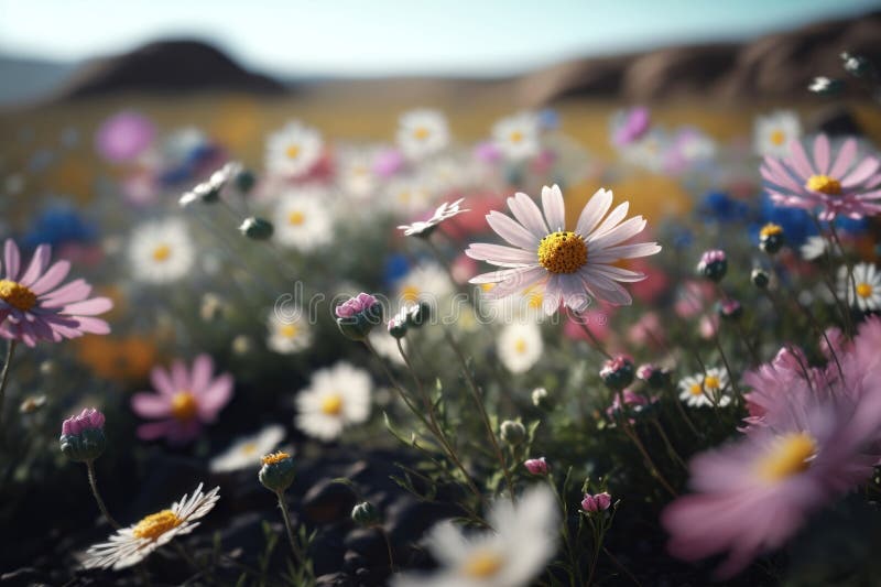 Field of Spring Flowers with Flying Petals Close-up. AI Generation ...