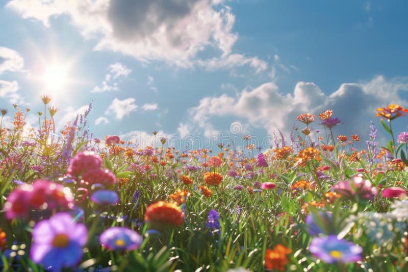 Field of Spring Flowers and Sunny Sky Stock Photo - Image of ...