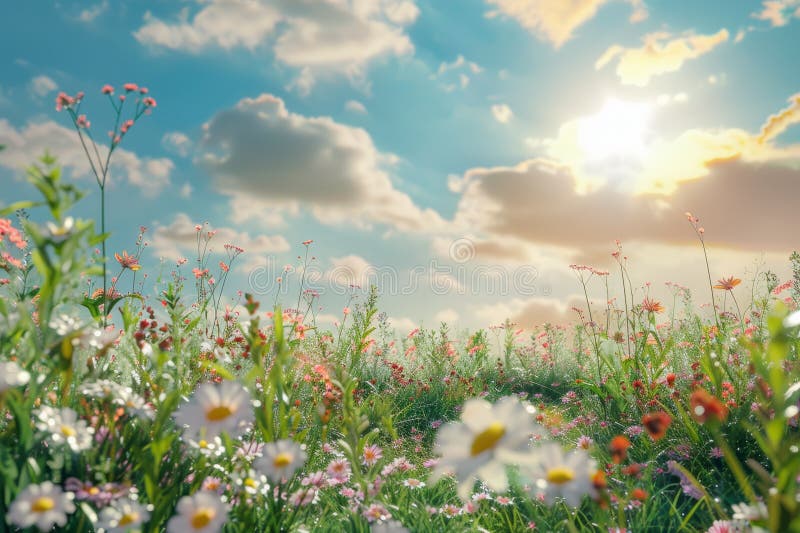 Field of Spring Flowers and Sunny Sky Stock Photo - Image of idyllic ...