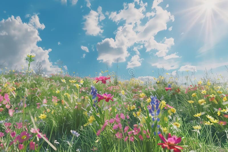 Field of Spring Flowers and Sunny Sky Stock Photo - Image of idyllic ...