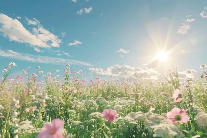 Field of Spring Flowers and Sunny Sky Stock Image - Image of beauty ...