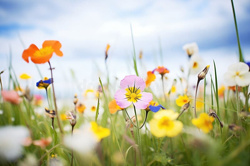 A Field of Spring Flowers Under a Cloudy Overcast Sky Stock Photo ...