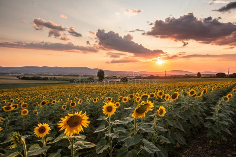 Field of Sunflowers at Sunset Stock Illustration - Illustration of ...