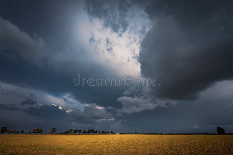 Field Surrounded by Dramatic Clouds before the Storm with a Forest in ...