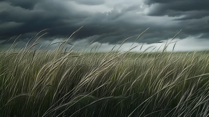 A Field of Tall Grass Bending Under the Force of Strong Winds during a ...