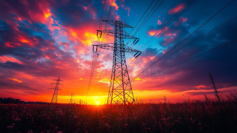 A Field of Tall Power Lines with a Sunset in the Background Stock Photo ...