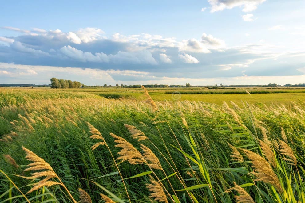 Field of Tall Reeds Grass in the Wind Stock Illustration - Illustration ...