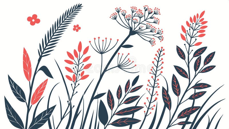 Field of Tall Stylized Plants and Delicate Flowers Vector Design ...
