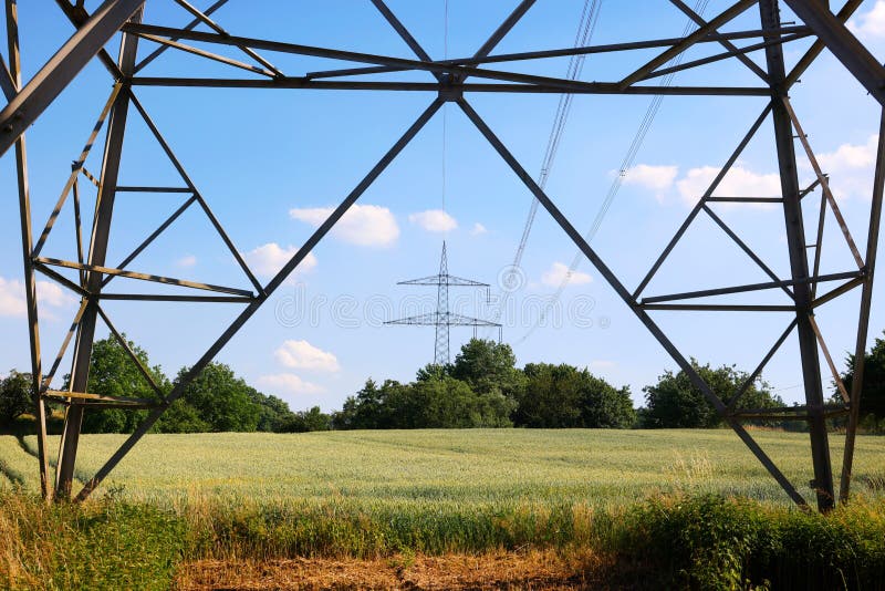 Field with Transmission Towers in Hohenlohe, Germany Stock Photo ...