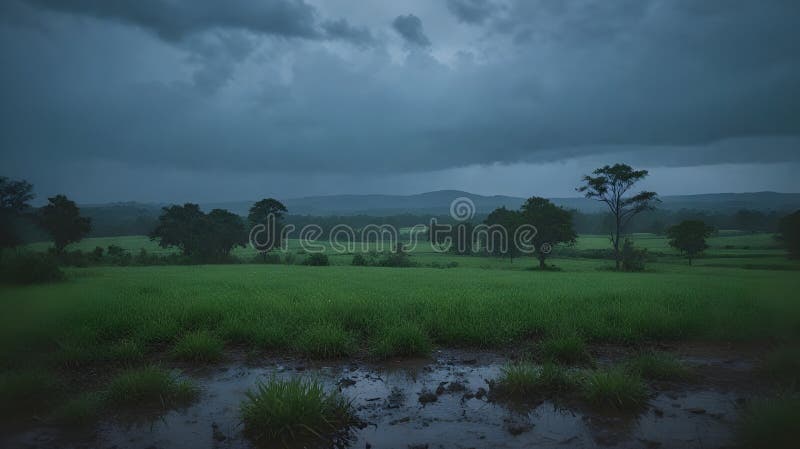 A Field with Trees and Grass Under a Stormy Sky, Setting a Moody and ...