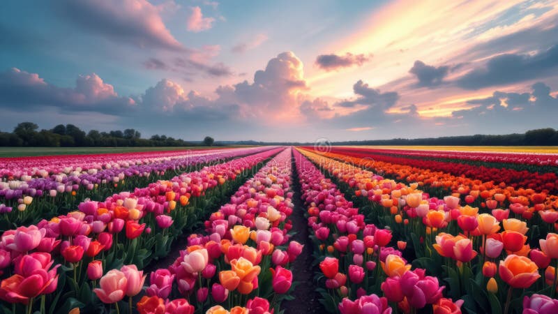 A Field of Tulips in Different Colors Stock Illustration - Illustration ...