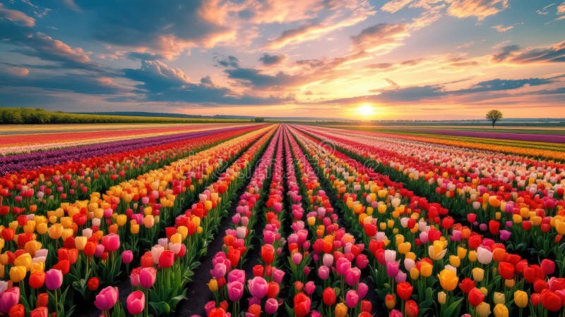 A Field of Tulips in Different Colors Stock Illustration - Illustration ...