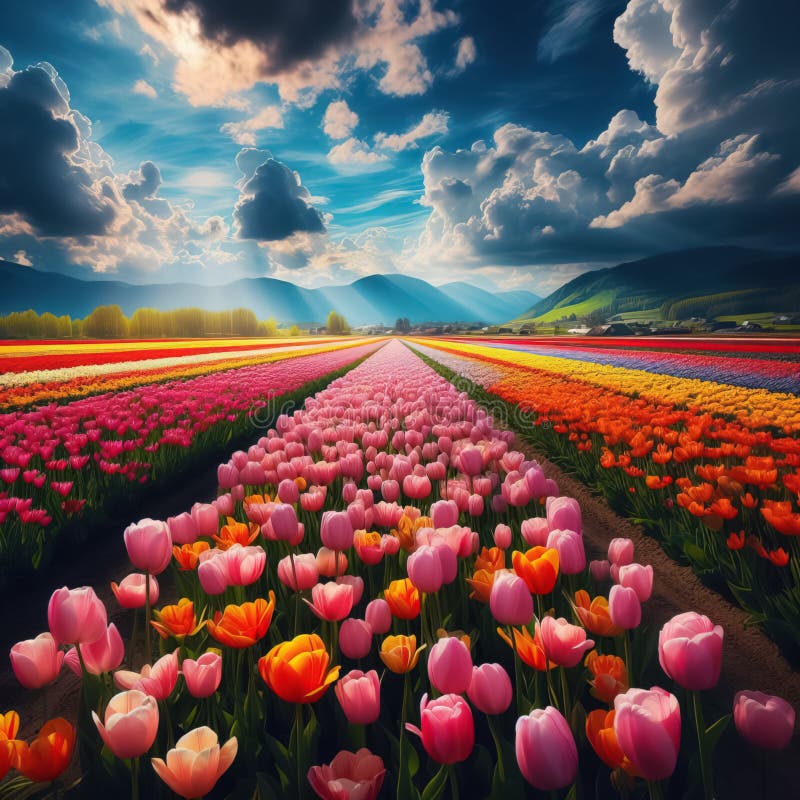 A Field of Tulips in Different Colors. Generative AI Stock Illustration ...